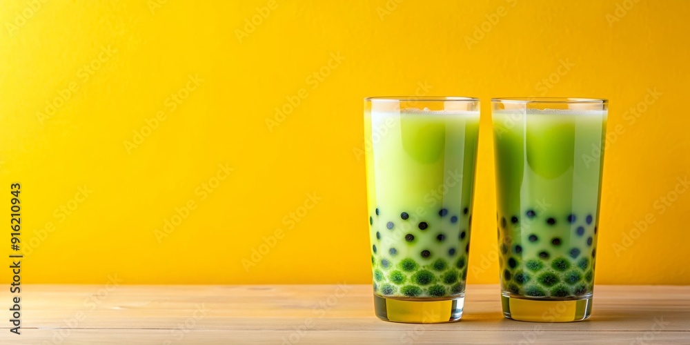 Matcha bubble tea with tapioca pearls in tall glasses on a yellow ...