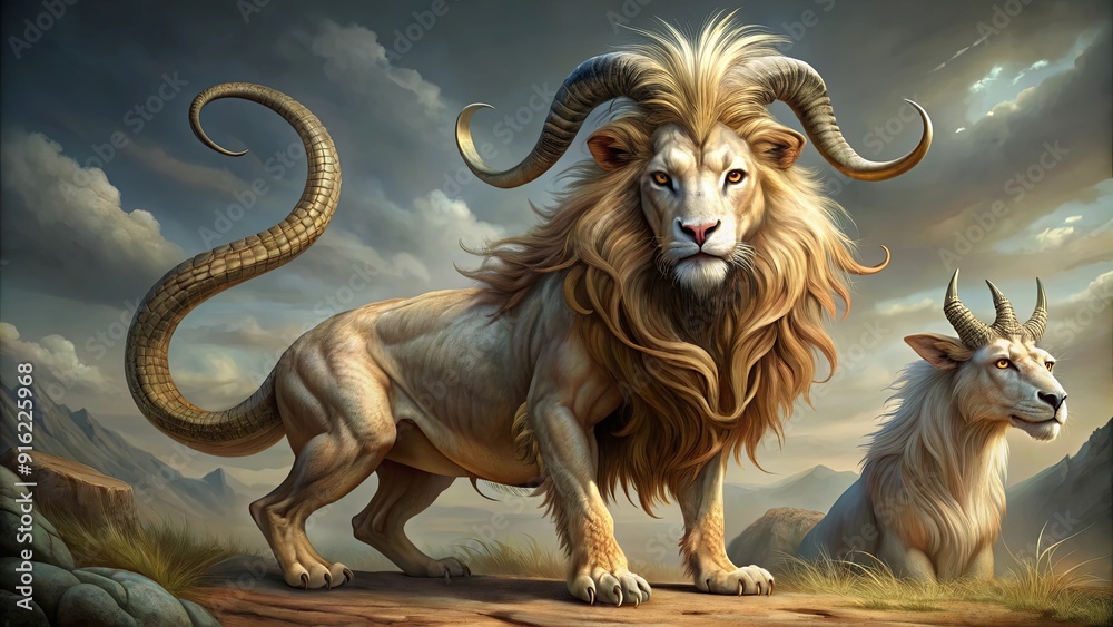 A mythical creature with the head of a lion, body of a goat, and tail ...