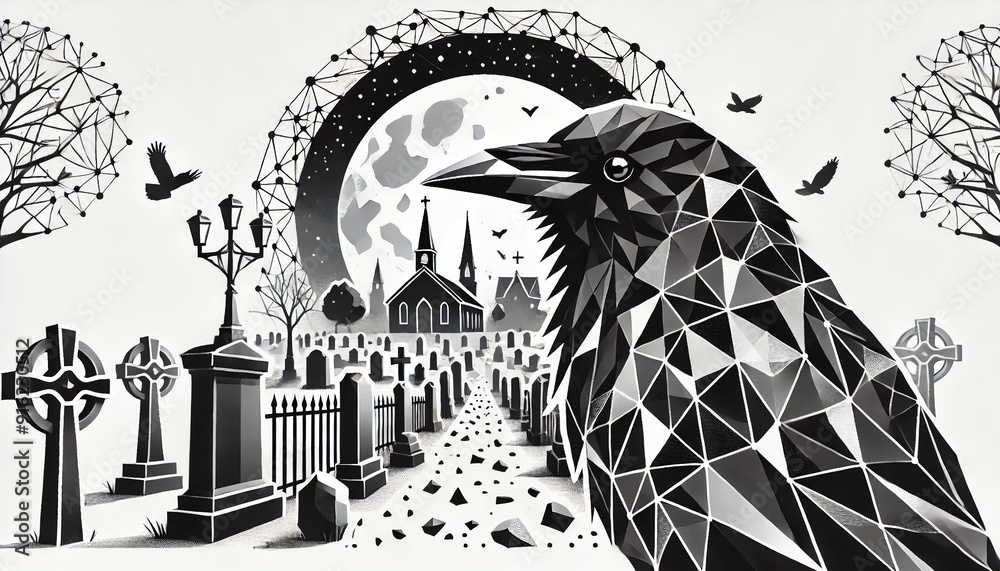 Polygon style illustration of a black crow with sharp edges and ...