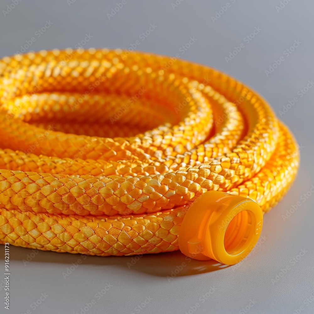 Yellow water hose uncoiled and laid out in serpentine pattern on clean ...