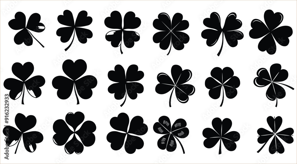 Set of three and four leaf silhouettes, Four and three leaf clovers ...