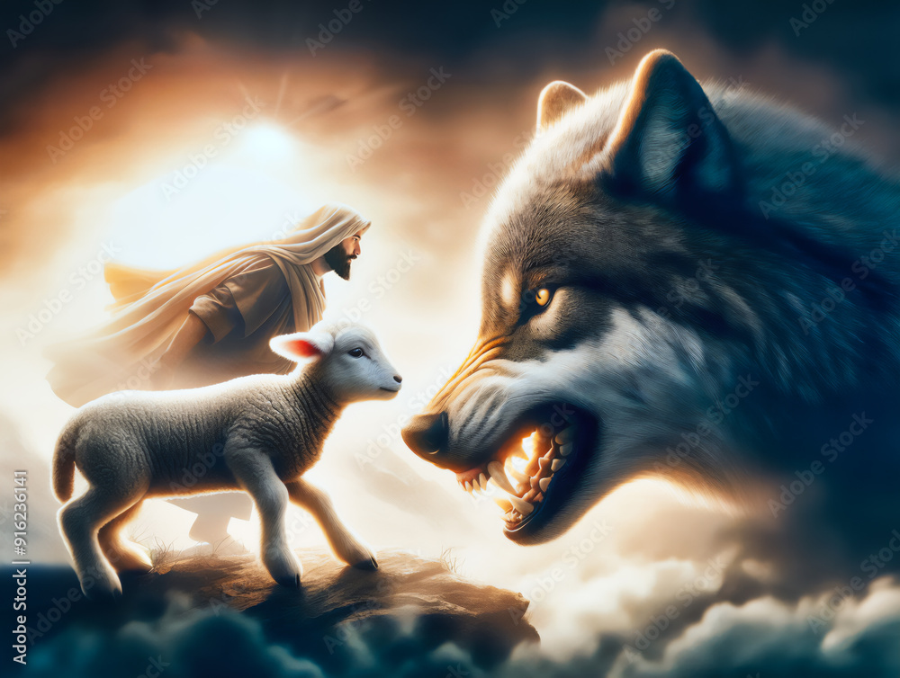 Jesus and lamb face to face with a devil wolf with angry face ready to ...