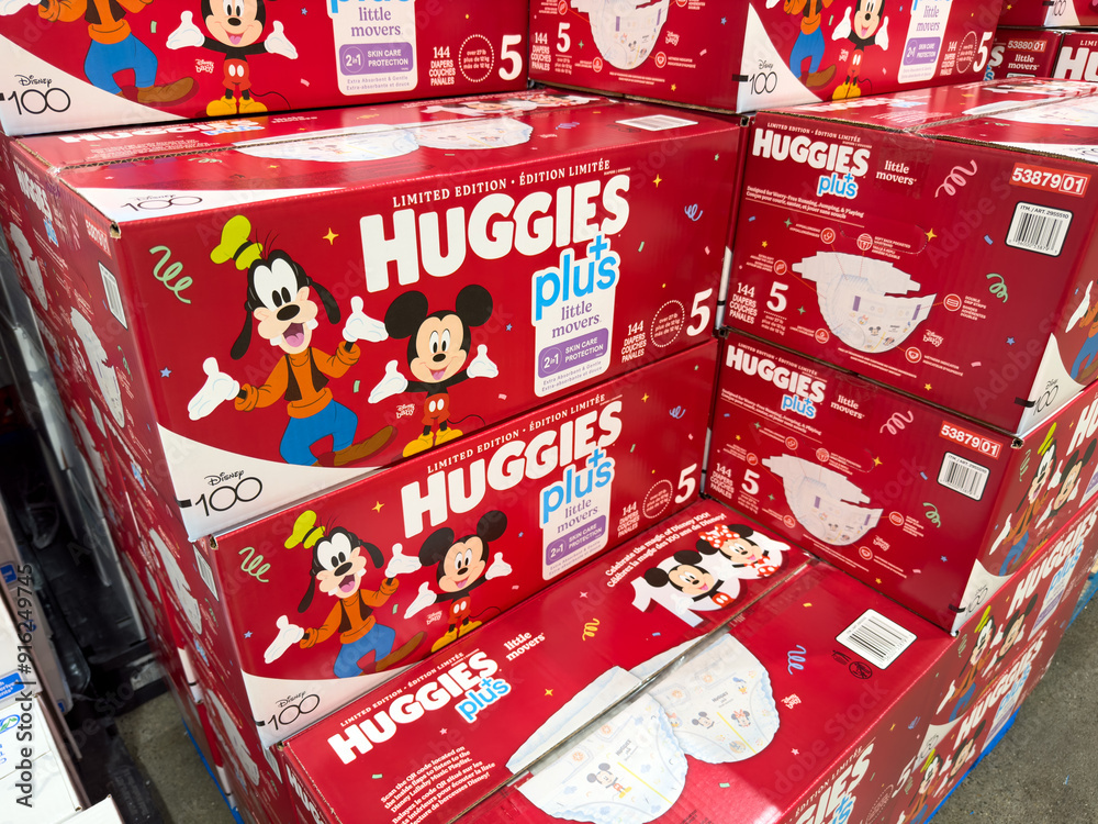 Big packs of Huggies baby diapers in a Costco warehouse. Stock Photo ...