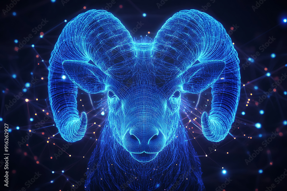 Digital wireframe polygon of the Aries zodiac sign, showcasing the ...