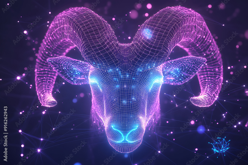 Digital wireframe polygon of the Aries zodiac sign, showcasing the ...