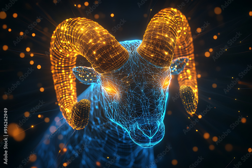 Digital wireframe polygon of the Aries zodiac sign, showcasing the ...