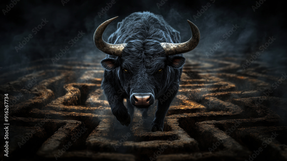A bull is running through a maze. The image has a dark and mysterious ...