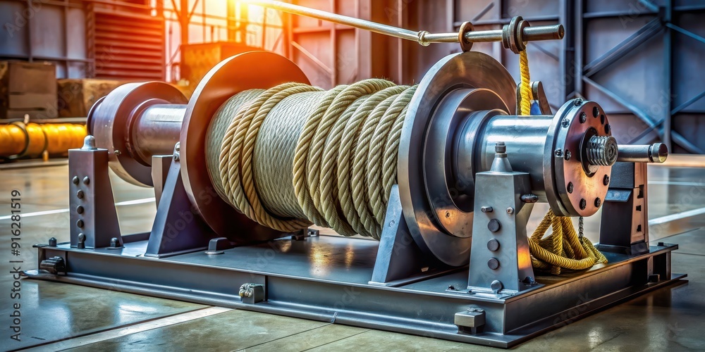 High-resolution image of a mechanical winch system under harsh lighting ...