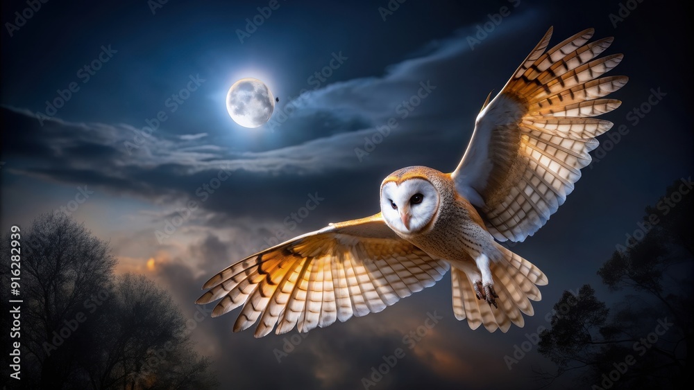 Majestic barn owl flying gracefully at night , predator, wings, spread ...