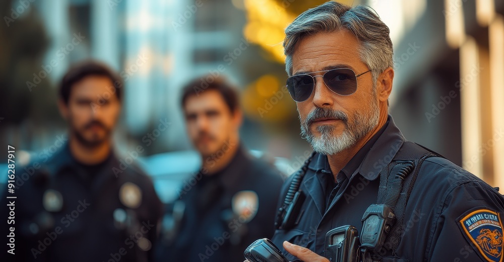 Cinematic shot of security guards in black workwear with walkie-talkies ...