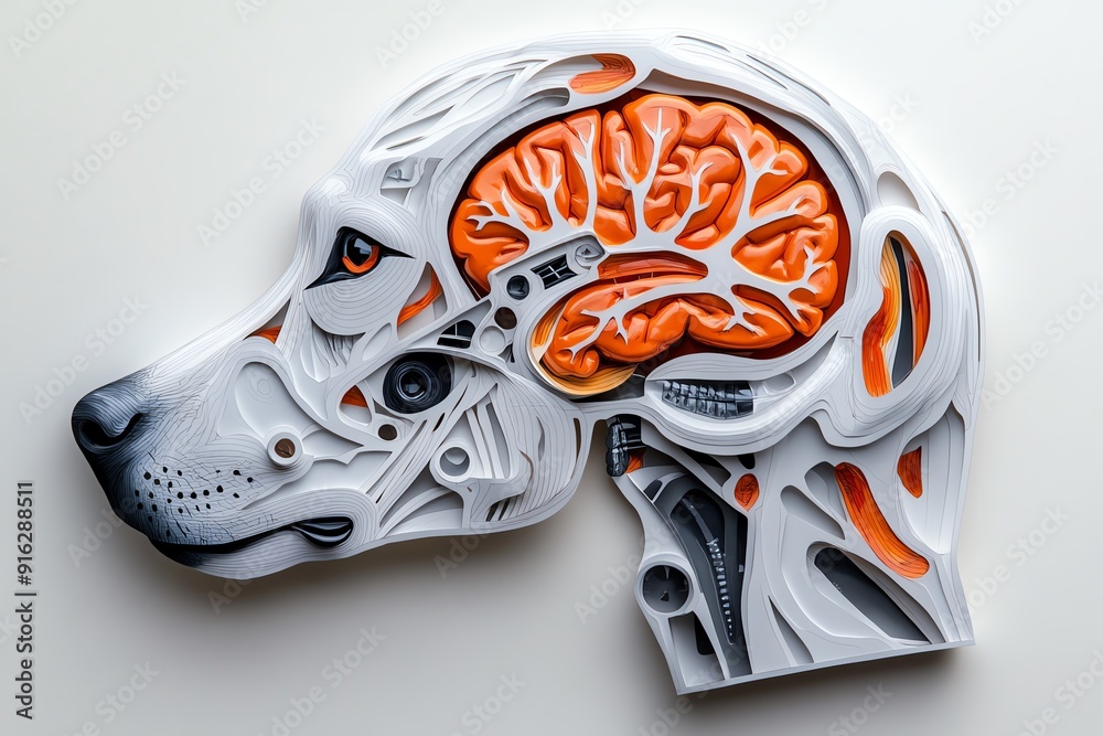 Artistic representation of a dog's head with a detailed anatomical ...