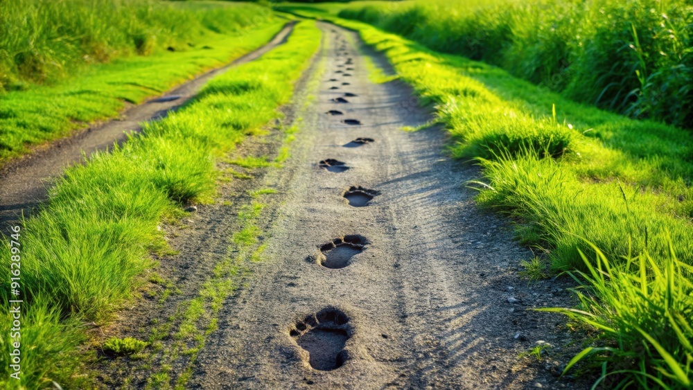 Black footprints blending into overgrown green grass along a rural road ...