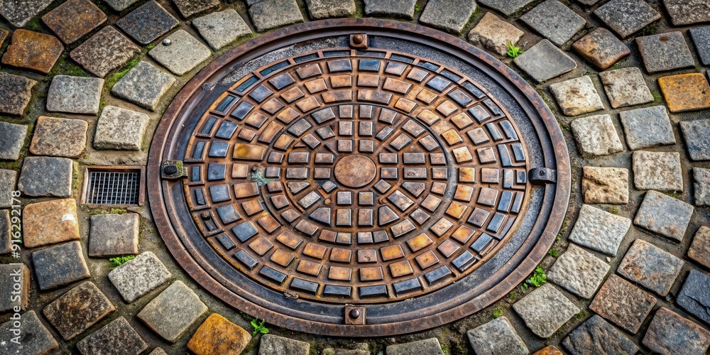 Rusty sewer manhole in paving stones, close-up, rusty, sewer, manhole ...