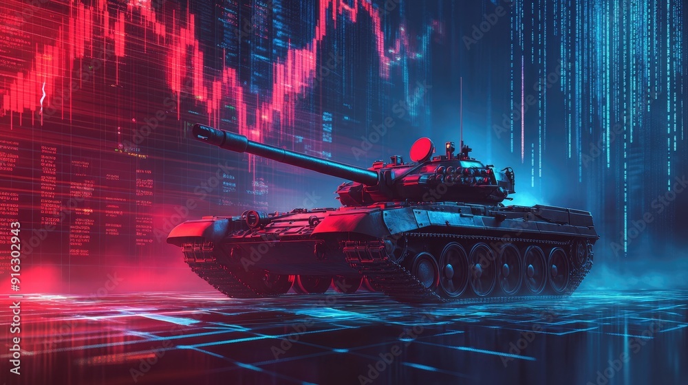 Neon-lit tank driving across a digital stock market chart, representing ...