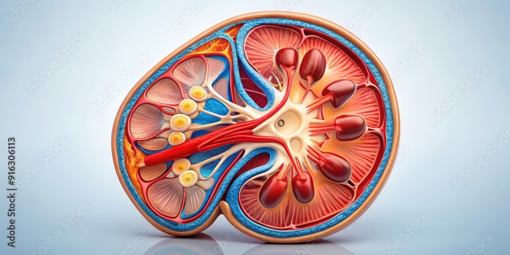 Cross section of a human kidney showing its internal structures ...