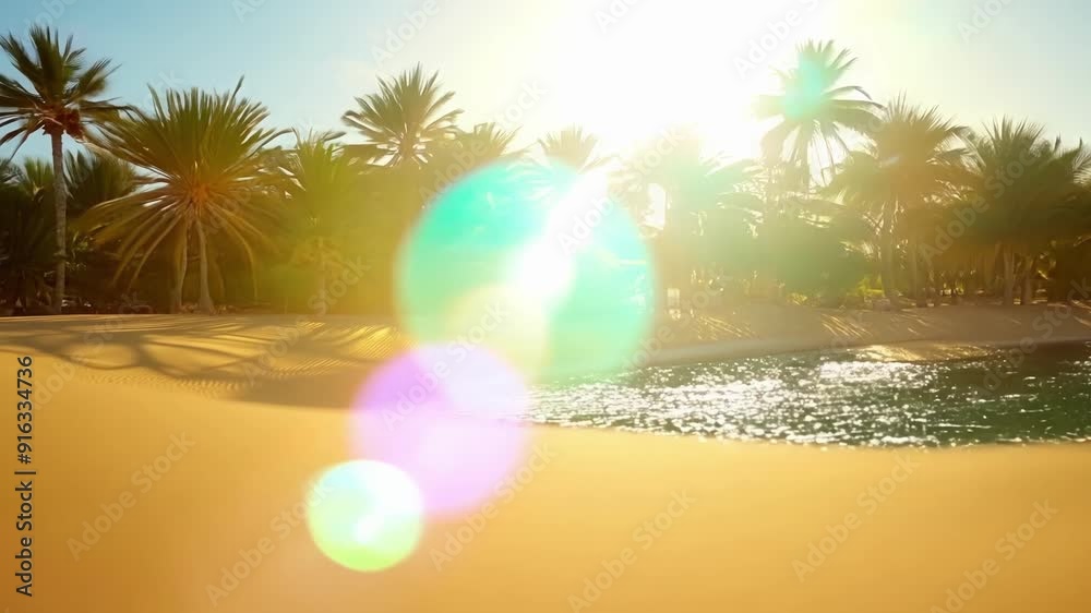 The desert sand glimmers in golden hues as the sunlight streams through the palm trees and casts ...