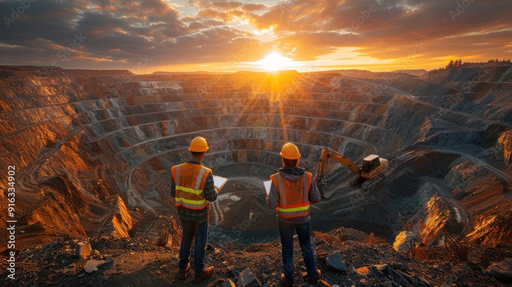Two workers in uniforms and safety helmets stand in an open pit mine ...