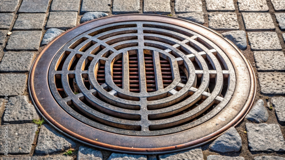 Round drainage grate on the street, infrastructure, urban, city ...
