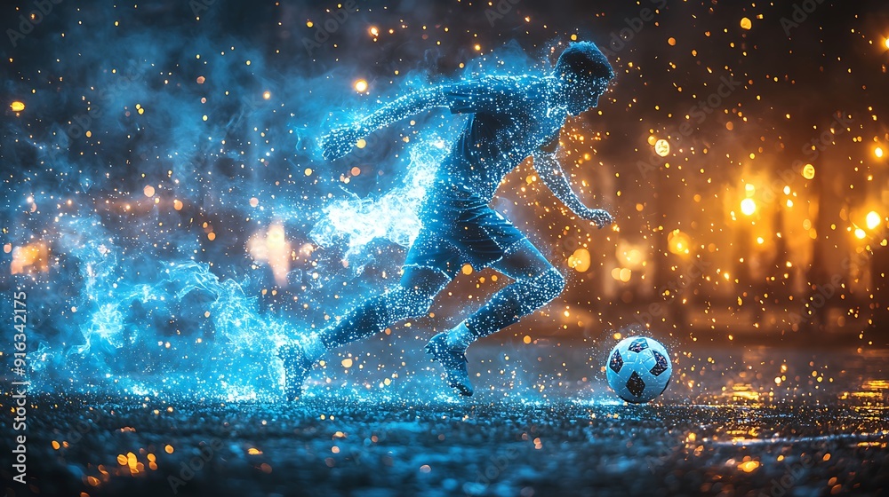 Blue digital soccer player with glowing data, artificial intelligence ...