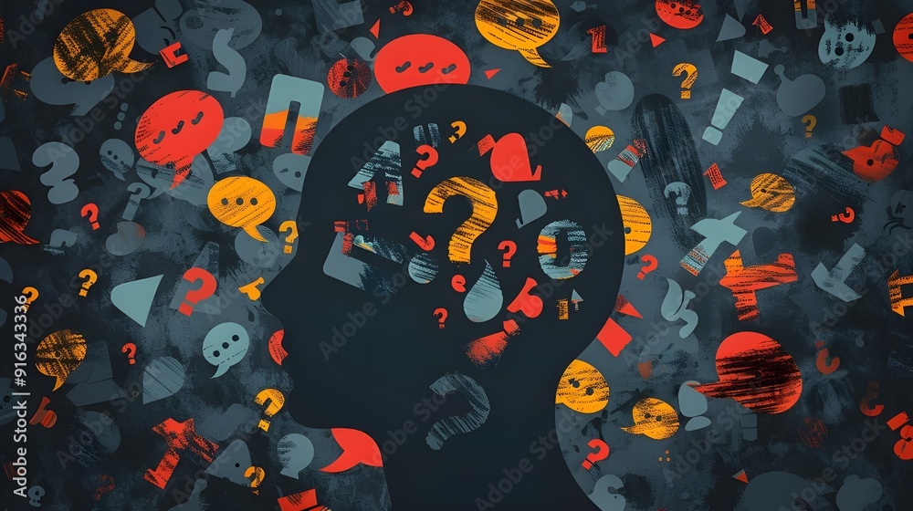 head filled with speech bubbles, exclamation marks and question marks ...