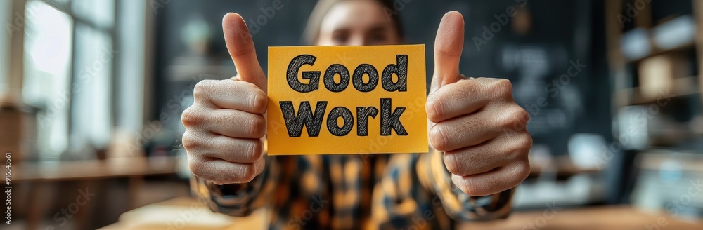 Office worker holding up a post-it note with "Good Work" written on it ...
