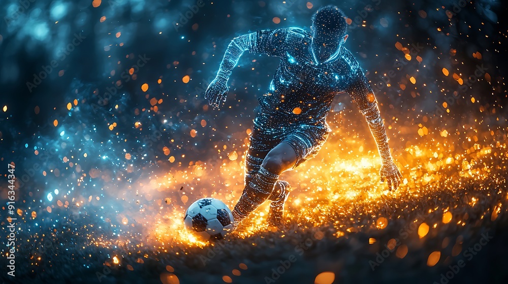 Blue digital soccer player with glowing data, artificial intelligence ...