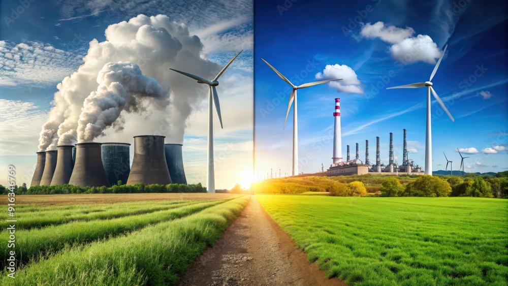 Fossil fuels versus green energy concept, showing side by side ...
