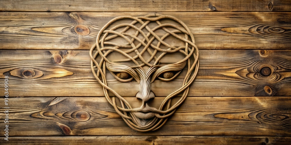 Supernatural alien face composed of twisted knots on a textured wood ...