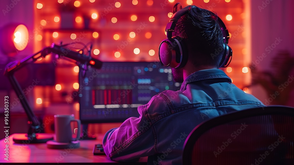 Podcaster in a sleek studio, recording a video podcast with a high-end ...