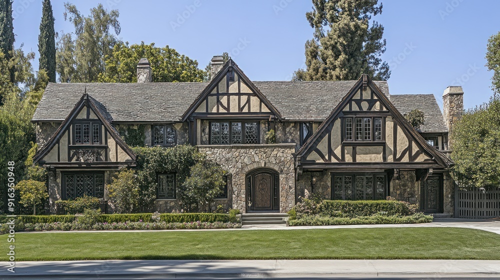 Stone and timber Tudor-style home with a manicured lawn and landscaping ...