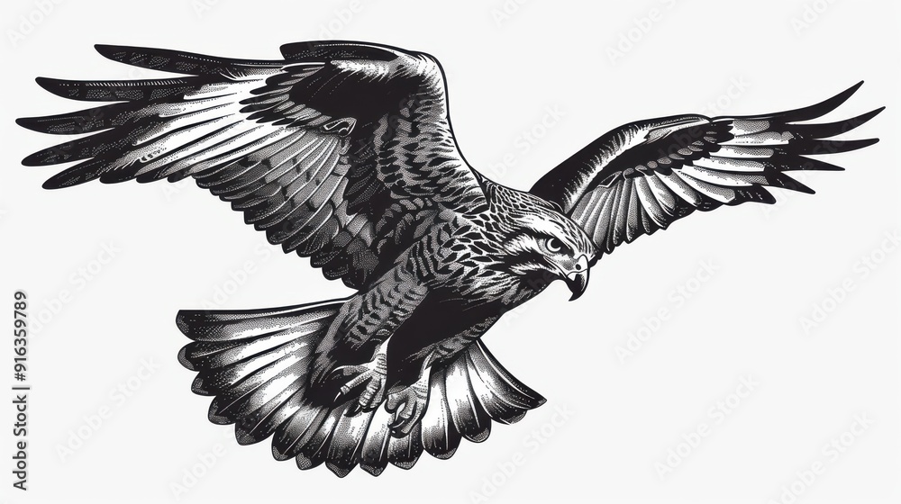 Black and white Vintage engraved art of a hawk in flight, isolated on ...