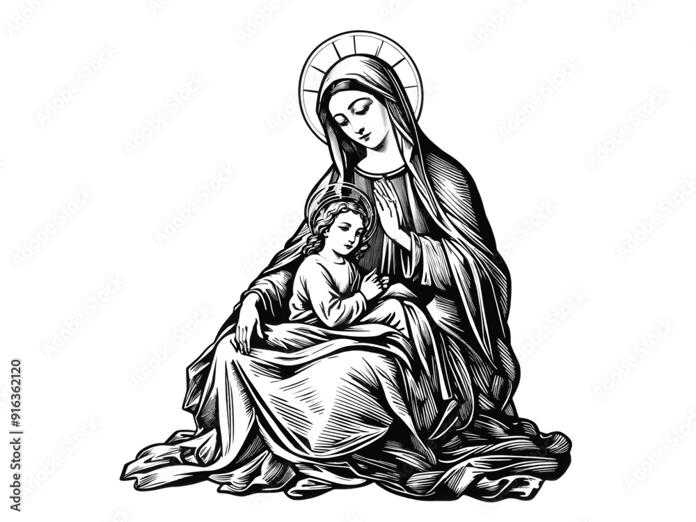 The Mary Our Lady Virgin Mary Mother Of Jesus Madonna Vector Illustration Black On White