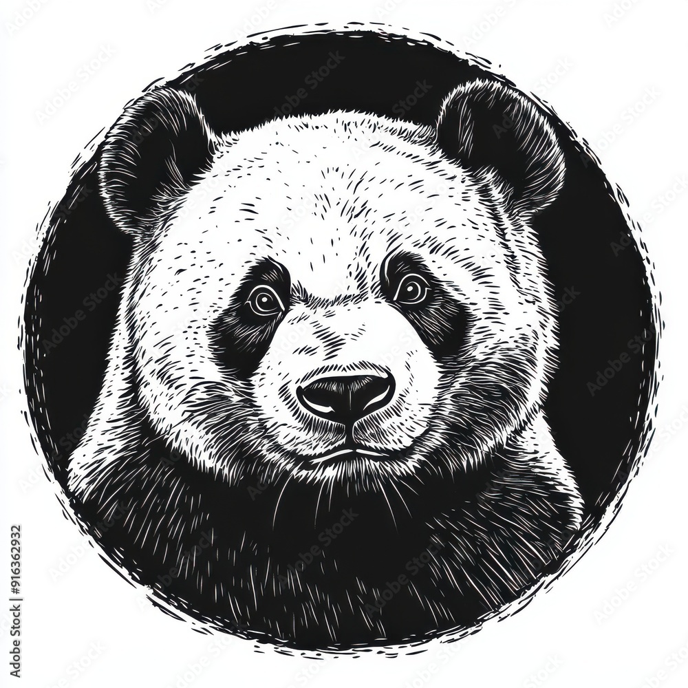 Black and white Vintage engraved art of a panda in a circular stamp ...
