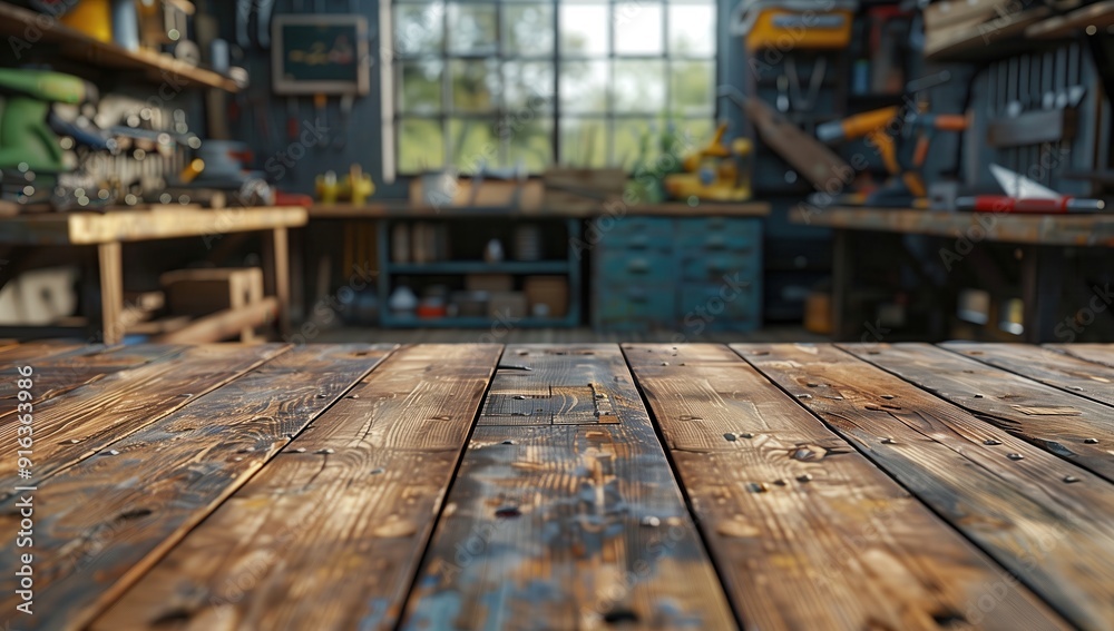 Wooden Workbench in Vintage Workshop Setting. Vintage-style wooden ...