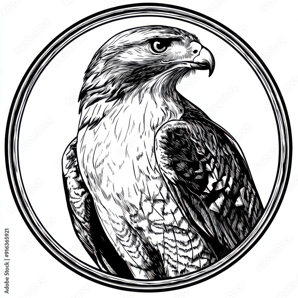 Black and white Vintage engraved art of a red-tailed hawk in a circular ...