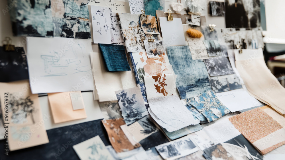 Illustrate a mood board or inspiration wall filled with fabric swatches ...