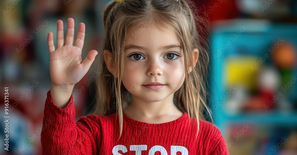 Girl with Hand Raised, "STOP" Written on Palm, Blurred Children's Room ...