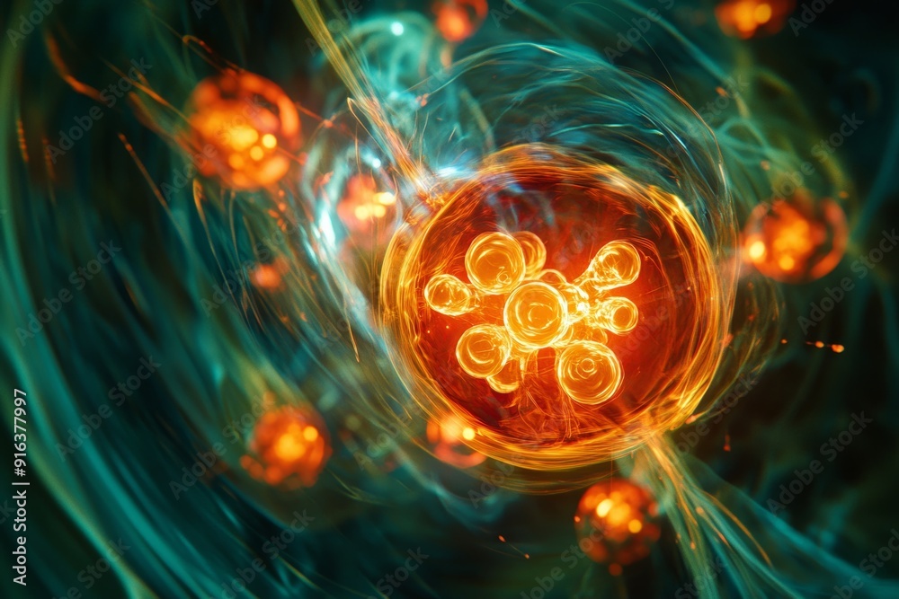 Macro shot of deuterium and tritium nuclei fusing to form helium and a ...