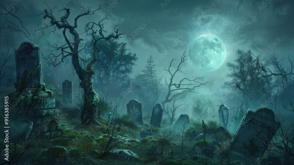 A spooky background with a foggy graveyard scene, old tombstones ...