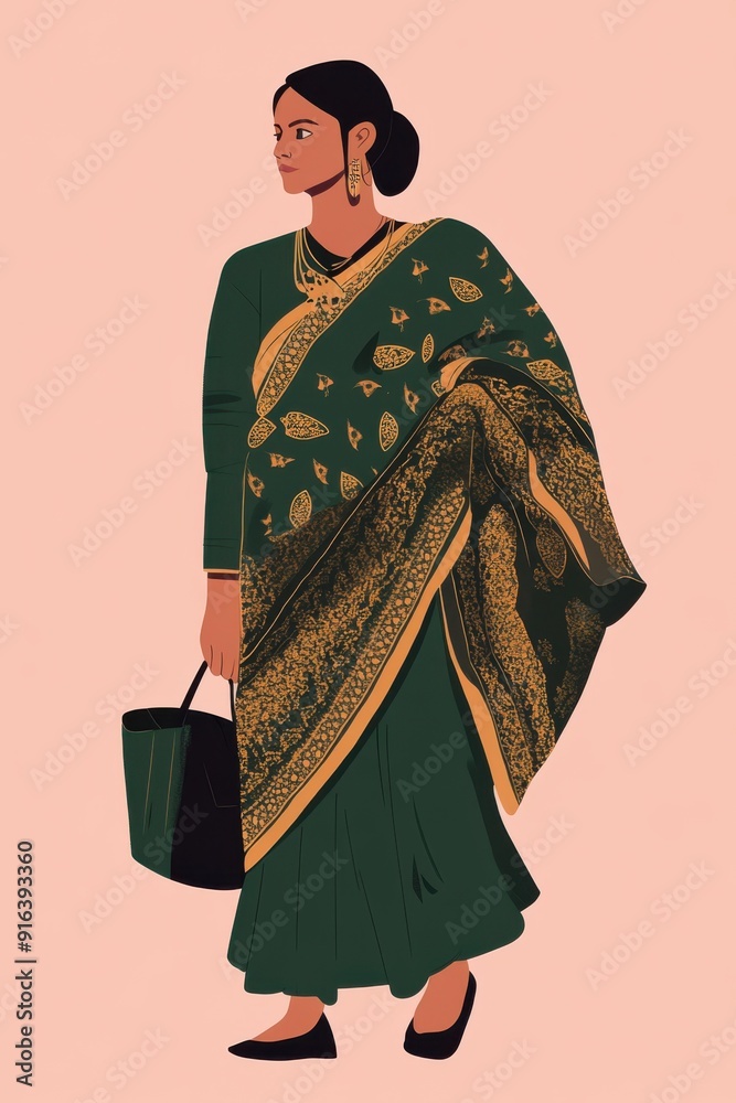 Minimalism illustration, a Nepali woman, wearing a traditional gunyu ...