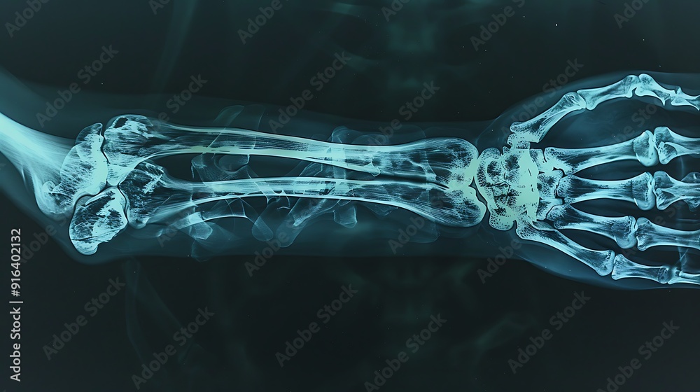 Anterior X-ray of a broken arm with a clear fracture, detailed bone ...
