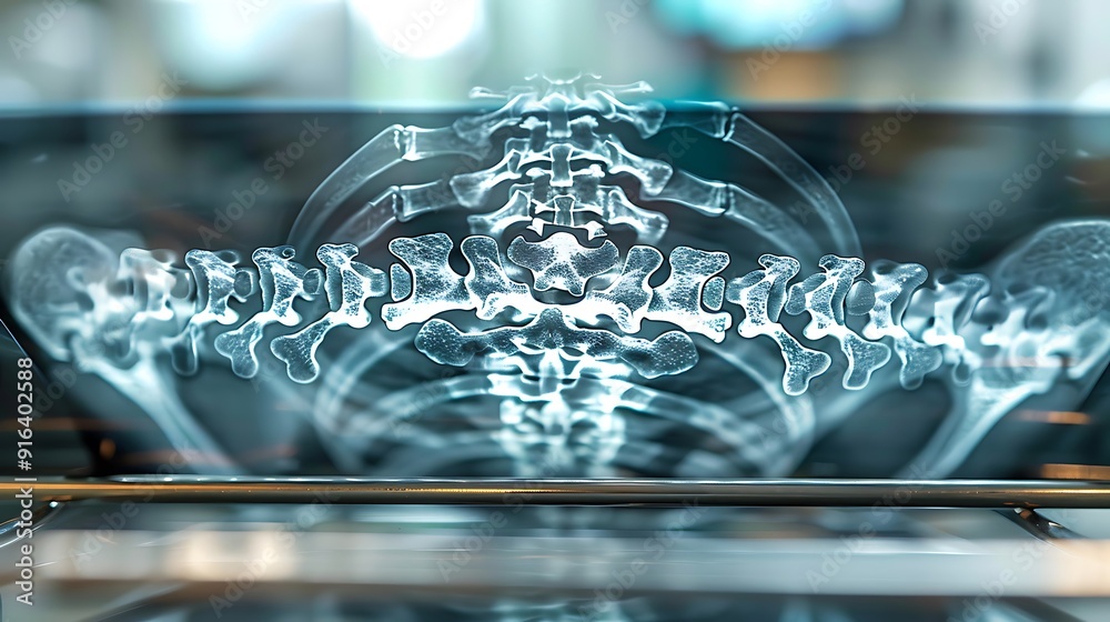 Anterior X-ray of a spinal fusion with visible surgical hardware and ...