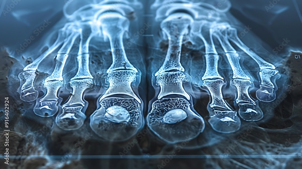 Anterior X-ray of feet with clear signs of bunions and flat feet ...