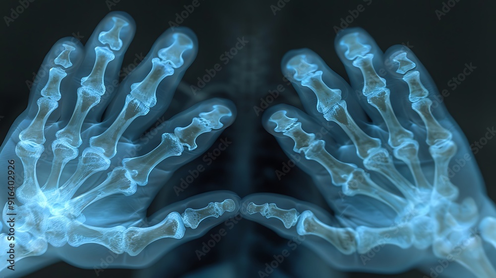 Anterior X-ray of hands with clear signs of joint inflammation and ...