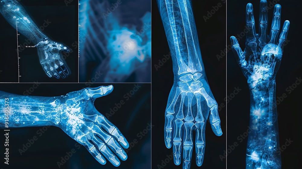Composite X-ray image of a hand and wrist from multiple angles ...