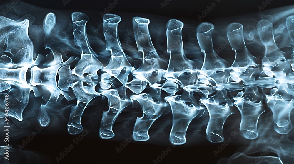 Detailed X-ray of a spinal fusion, showing surgical hardware and fused ...