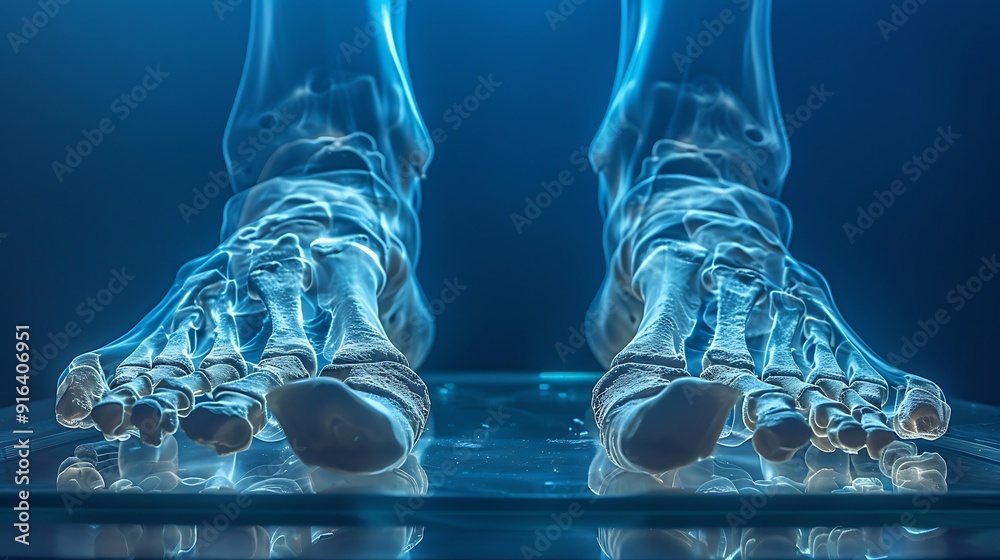 Detailed X-ray of feet showing signs of bunions, with clear bone ...