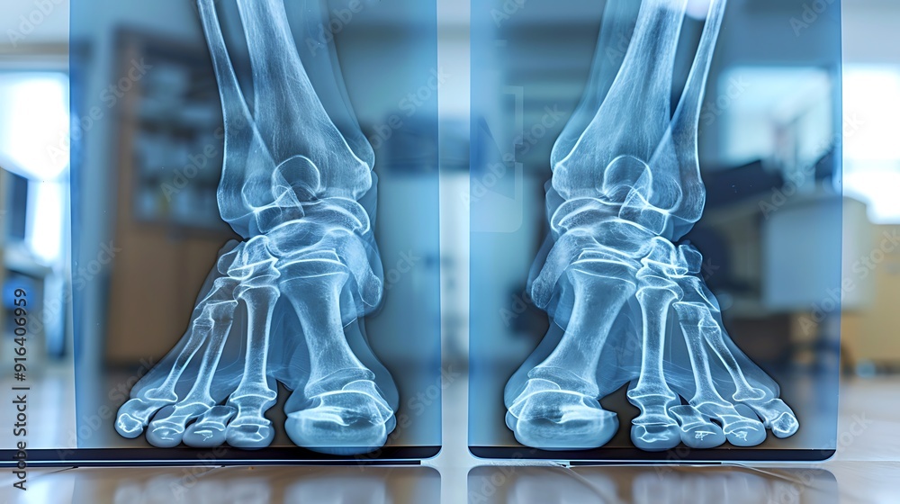 Detailed X-ray of feet showing signs of bunions, with clear bone ...