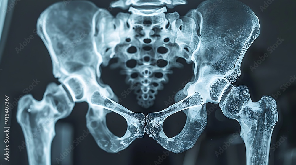 Detailed X-ray of the pelvis showing fractures, with clear bone ...