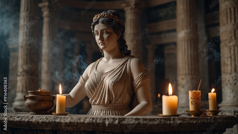 A statue of Hestia in an ancient Greek temple, with an altar and ...